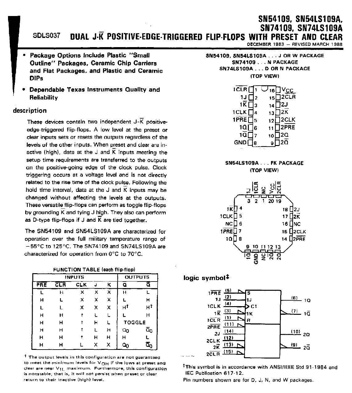 DM74LS109AN / 74LS109 ( DUAL JK POSITIVE EDGE TRIGGERED FLIP-FLOPS WITH ...