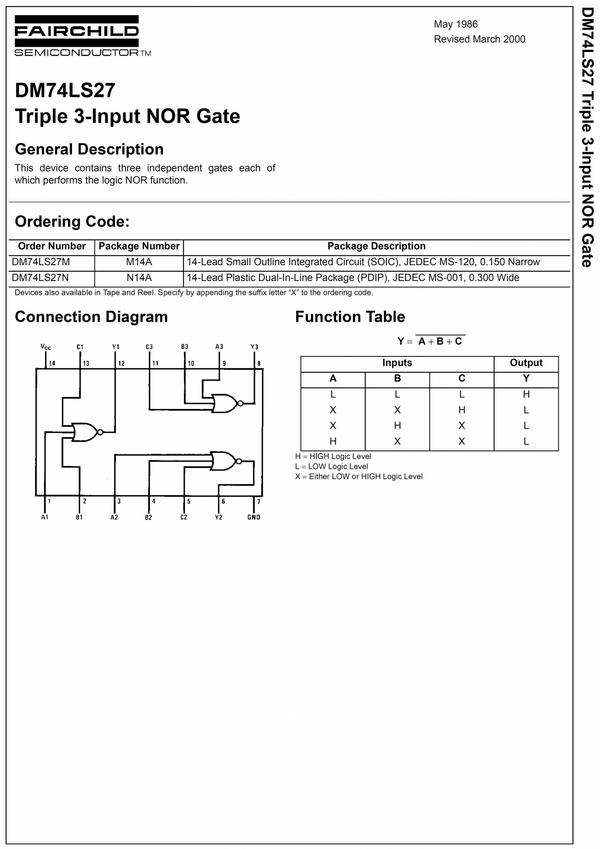 DM74LS27N / HD74LS27P / SN74LS27N / 74LS27 / 7427 ( TRIPLE 3-INPUT NOR ...