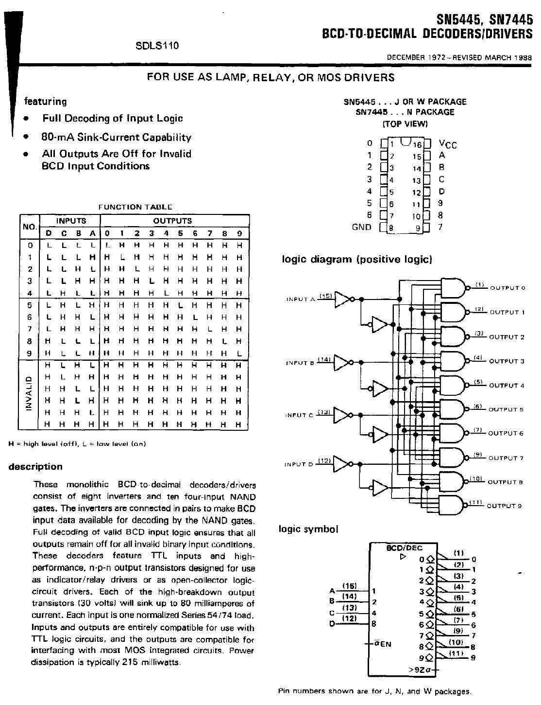 DM7445N / SN7445N / 7445 ( BCD TO DECIMAL DECODERS / DRIVERS )