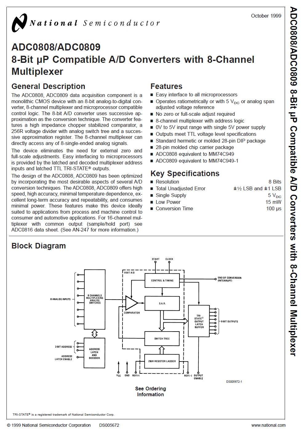 ADC0809 ( 8-BIT uP COMPATIBLE A/D CONVERTER WITH 8-CHANNEL MULTIPLEXER )