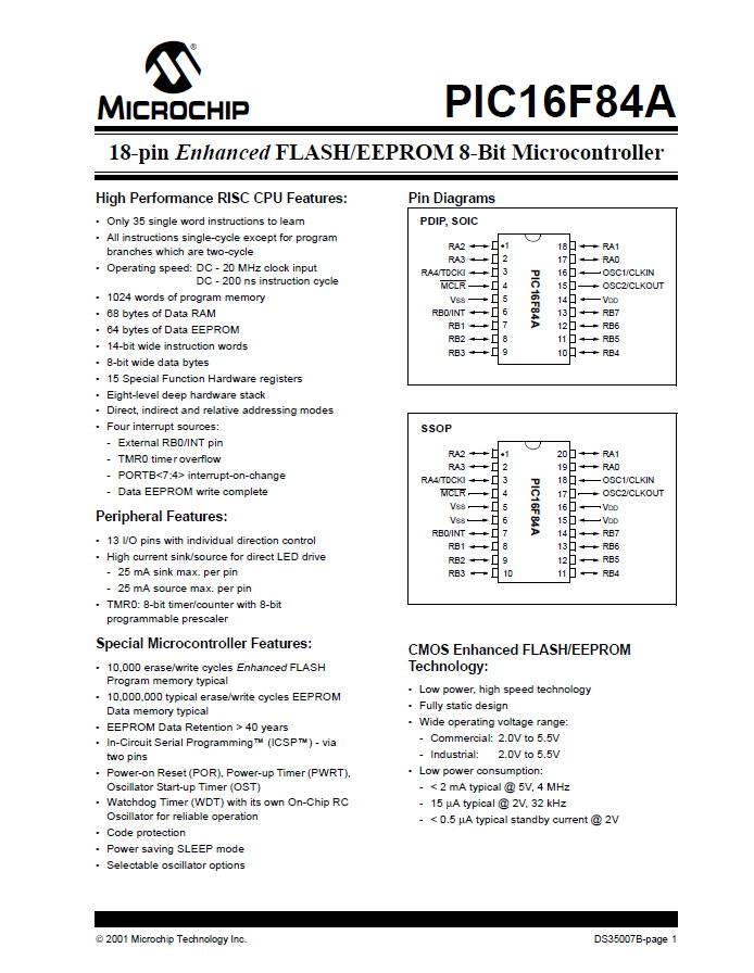 MICROCHIP PIC16F84A ENHANCED FLASH/EEPROM 8-BIT MICROCONTROLLER, DIP18