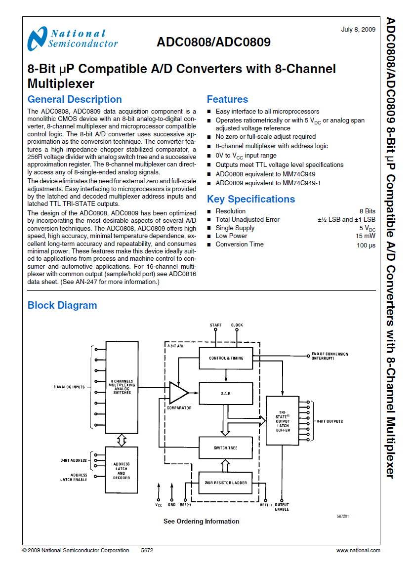 ADC0808 ( 8-BIT uP COMPATIBLE A/D CONVERTER WITH 8-CHANNEL MULTIPLEXER )