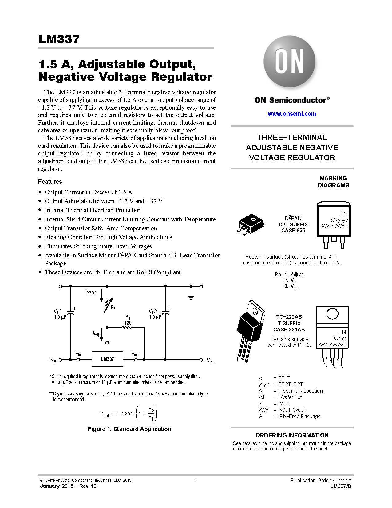 LM337 LM337T ADJUSTABLE VOLTAGE REGULATOR, -1.2V TO -37V, 1.5A, NEGATIVE VOLTAGE