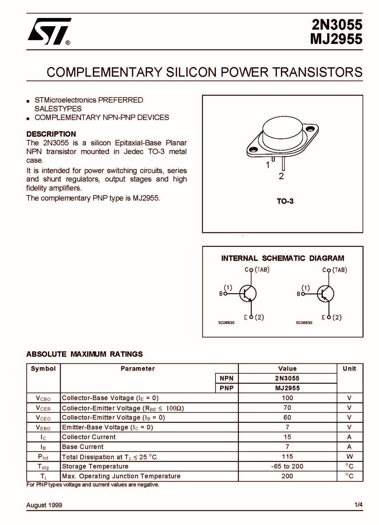 2N3055 NPN MJ2955 PNP COMPLIMENTARY SILICON POWER TRANSISTOR TO-3