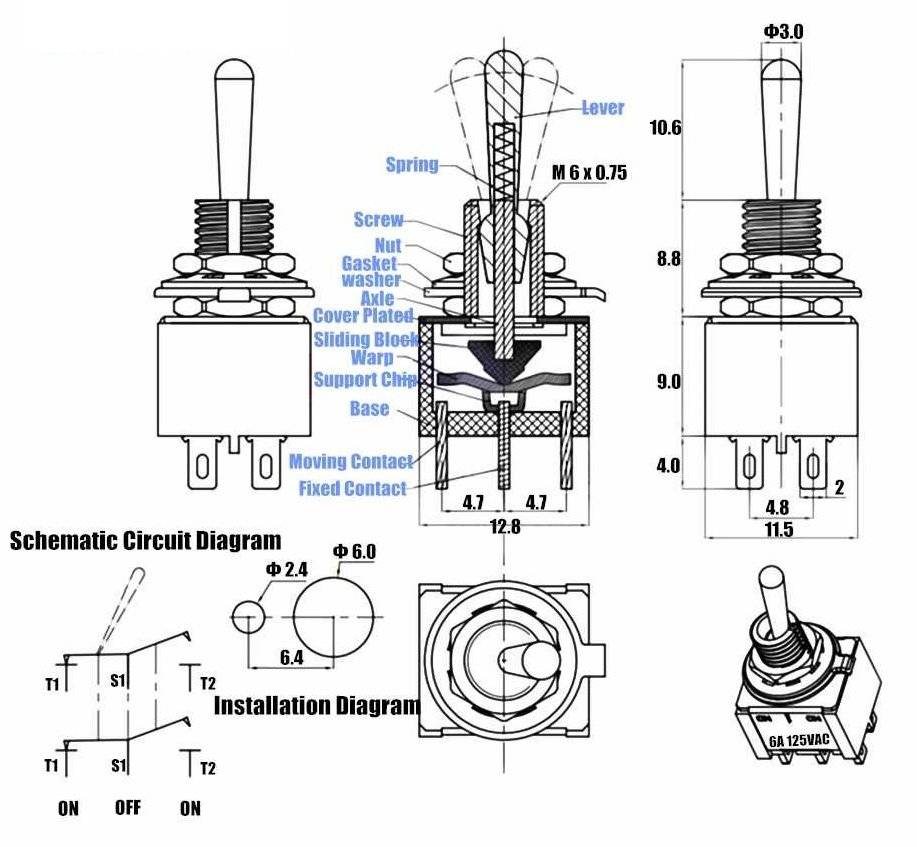 DPDT TOGGLE SWITCH, ON-OFF-ON, 6 PINS, 125V 6A, 250V 3A, MTS-203