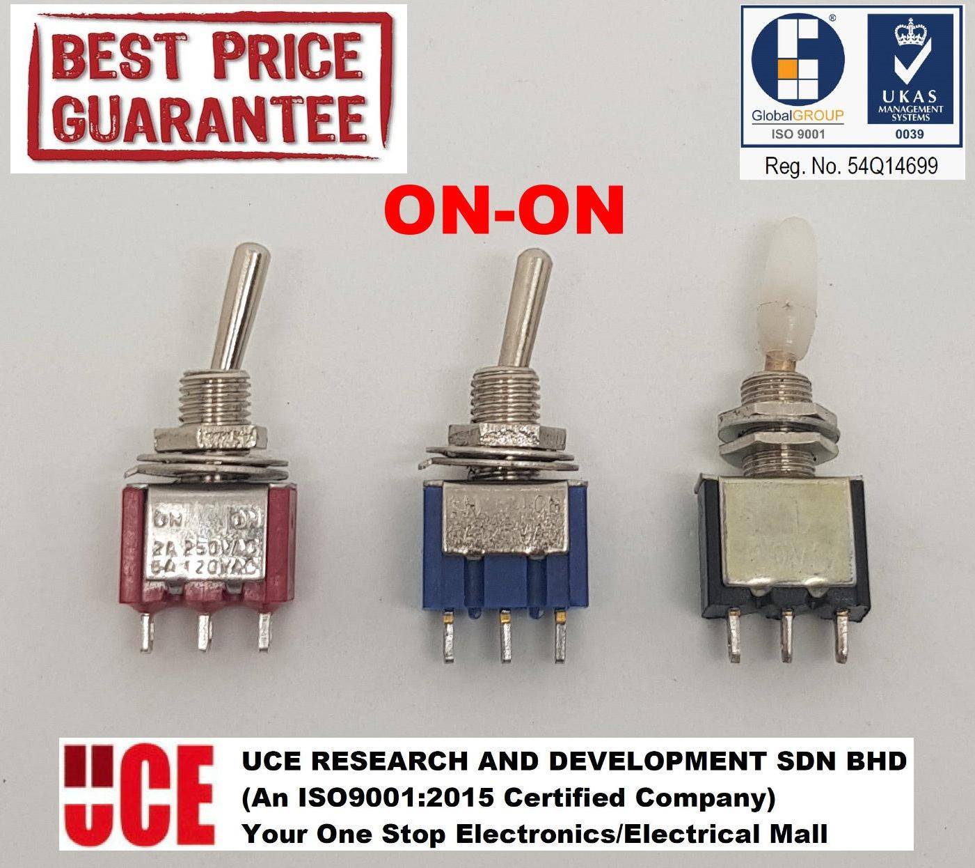 SPDT TOGGLE SWITCH, ON-ON, 3 PINS, 125V 6A, 250V 3A