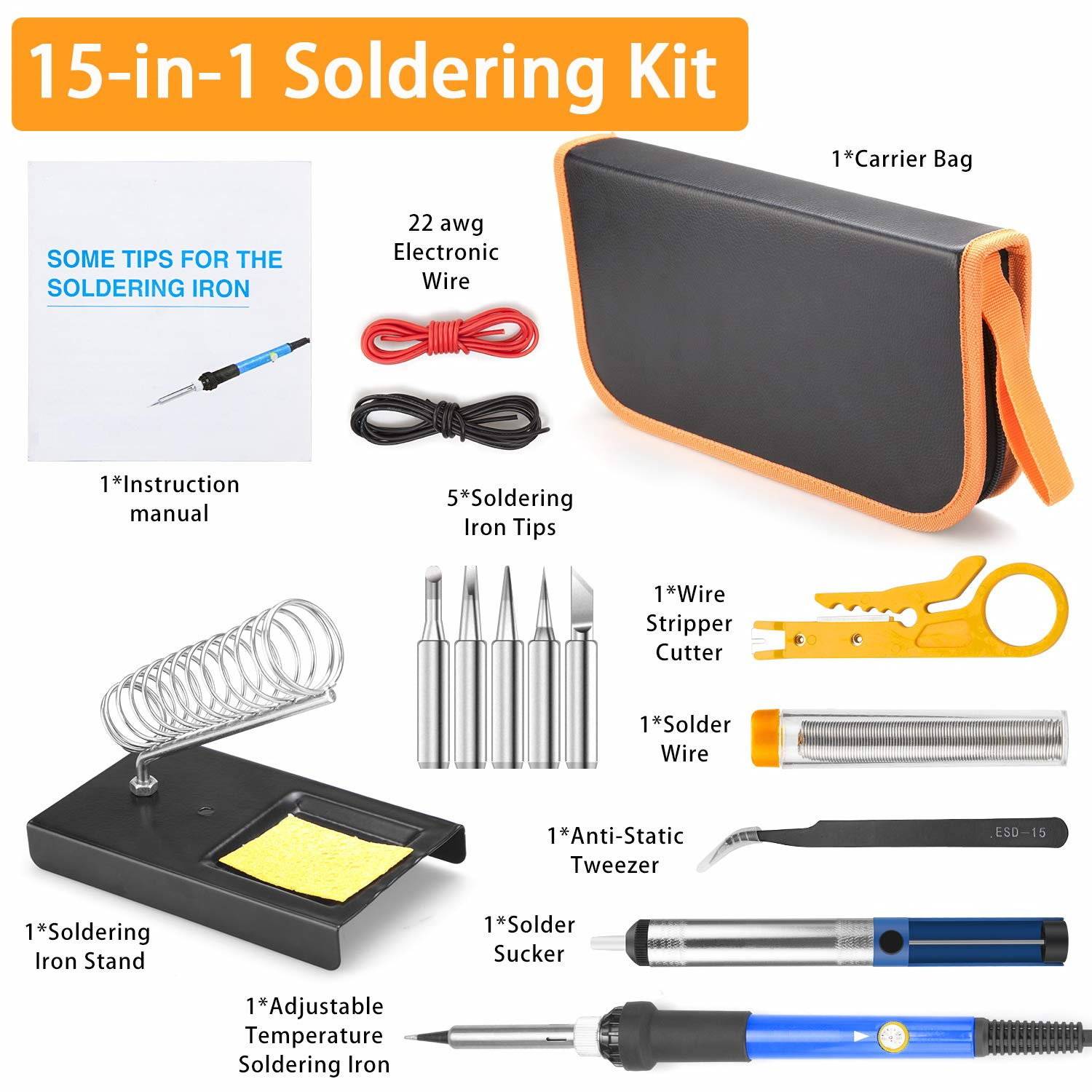 15-IN-1 SOLDERING IRON KIT SET, 60W TEMPERATURE ADJUSTABLE SOLDERING ...