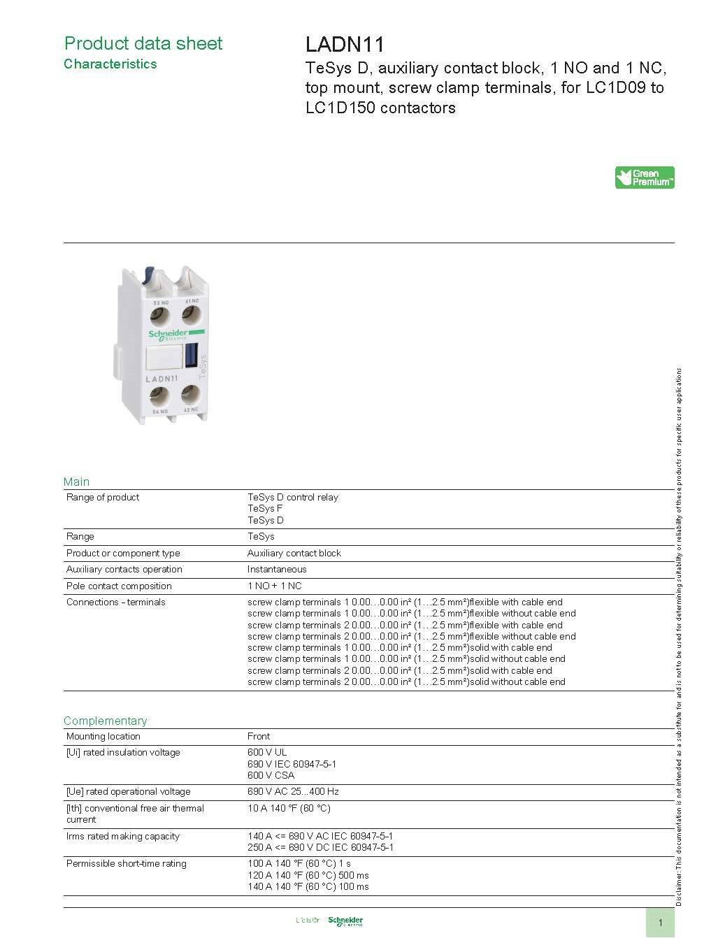 SCHNEIDER ELECTRIC TESYS LADN11, NO/NC (2), AUXILIARY CONTACT BLOCK ...
