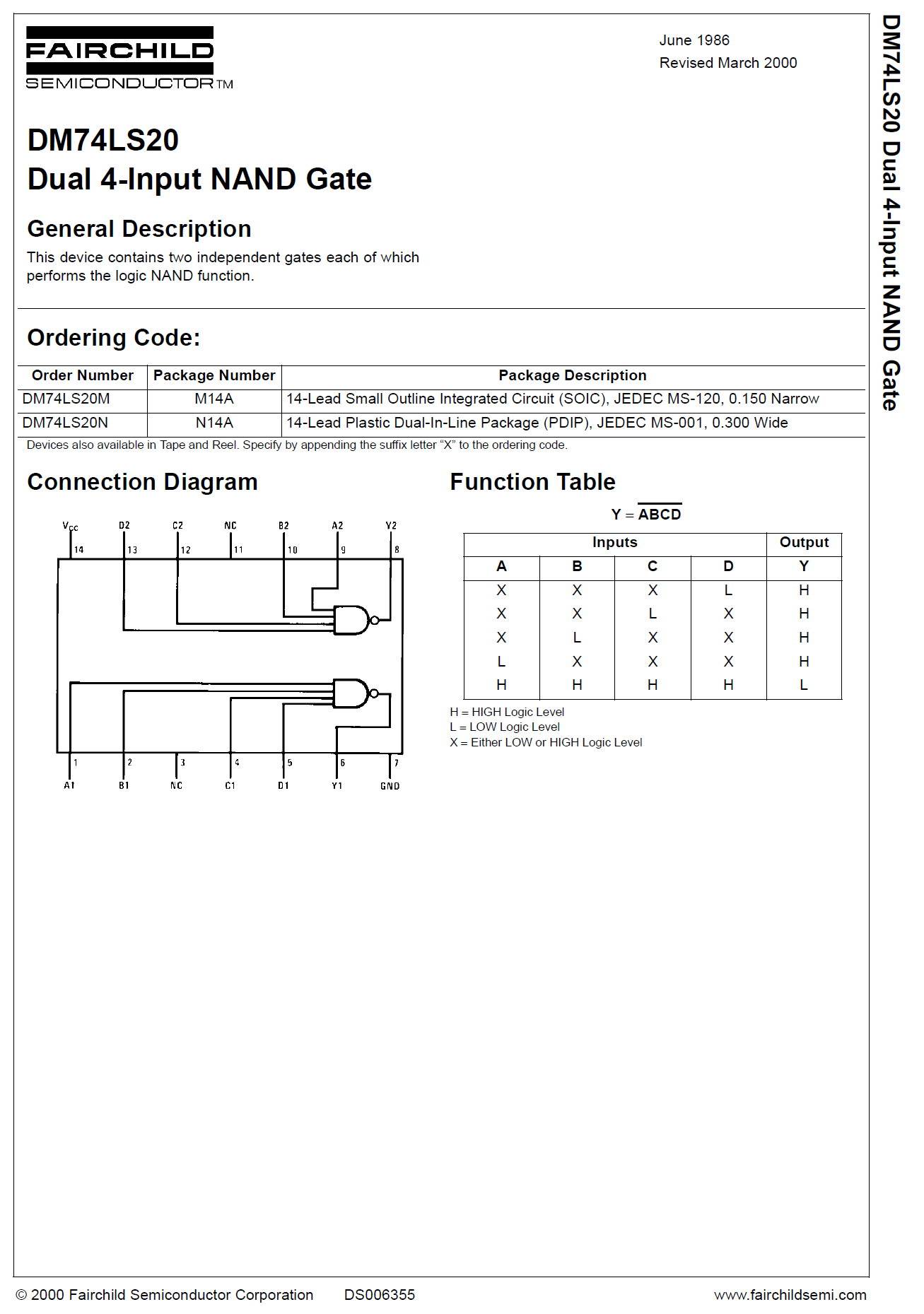 74LS20 / 7420 ( DUAL 4-INPUT NAND GATE )