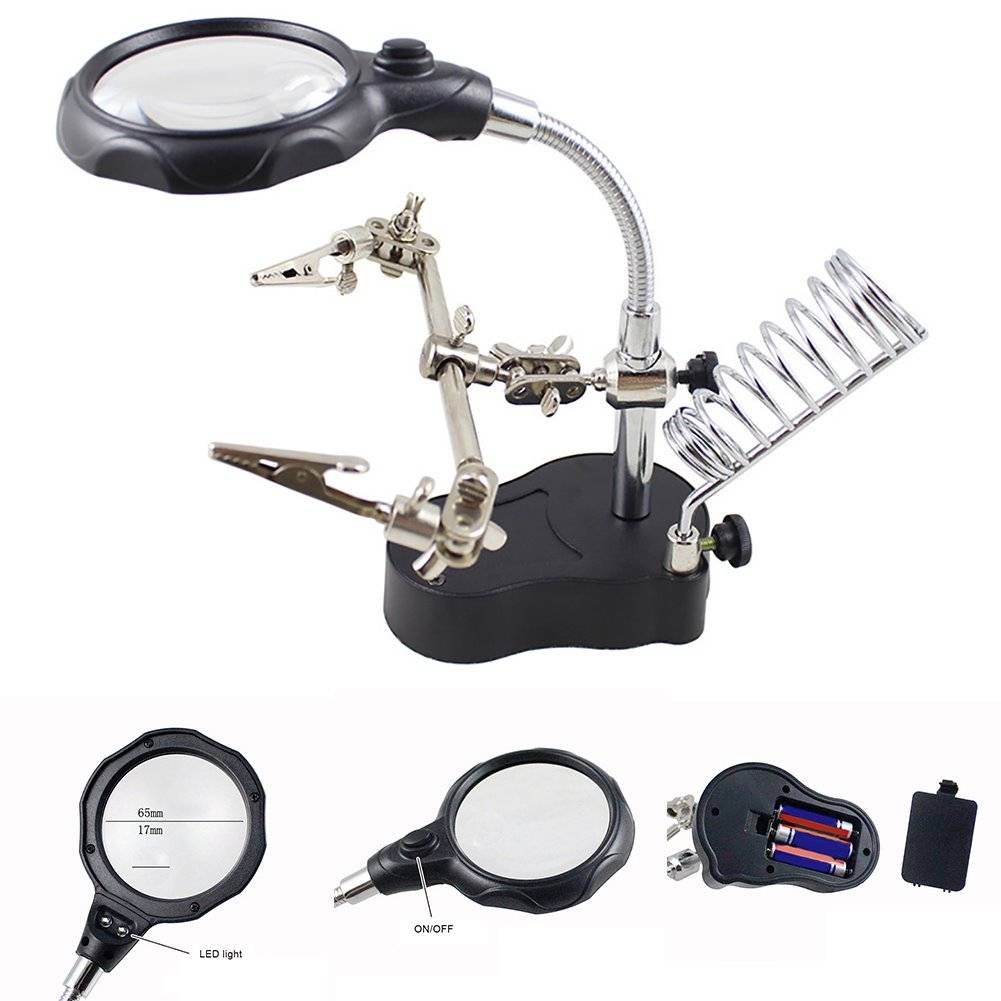ADJUSTABLE LED MAGNIFYING GLASS MAGNIFIER HELPING HAND WITH SOLDERING ...