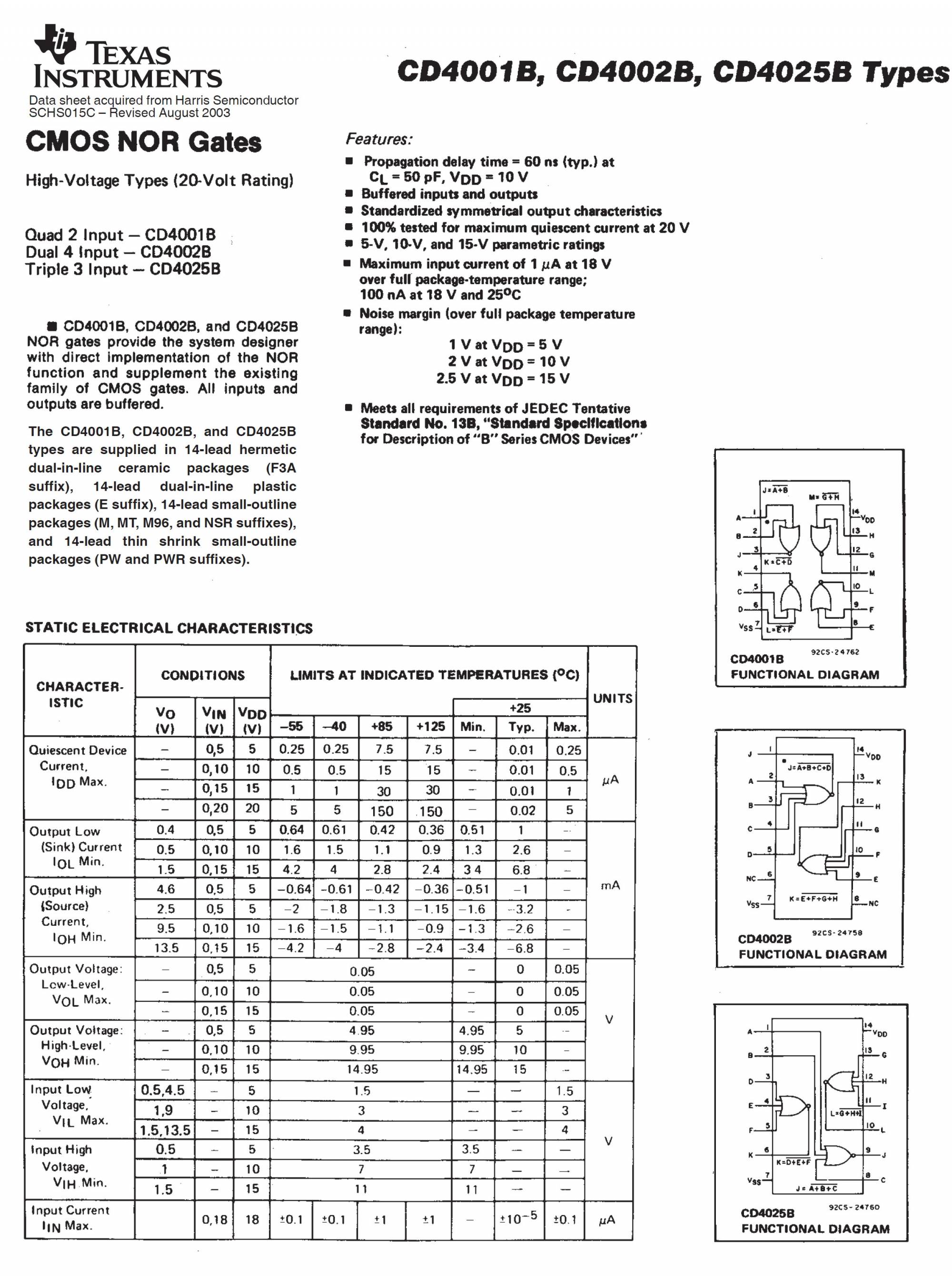 CD4001BE / HCF4001BE / CD4001 / HEF4001B / TC4001BP ( QUAD CMOS 2-INPUT ...