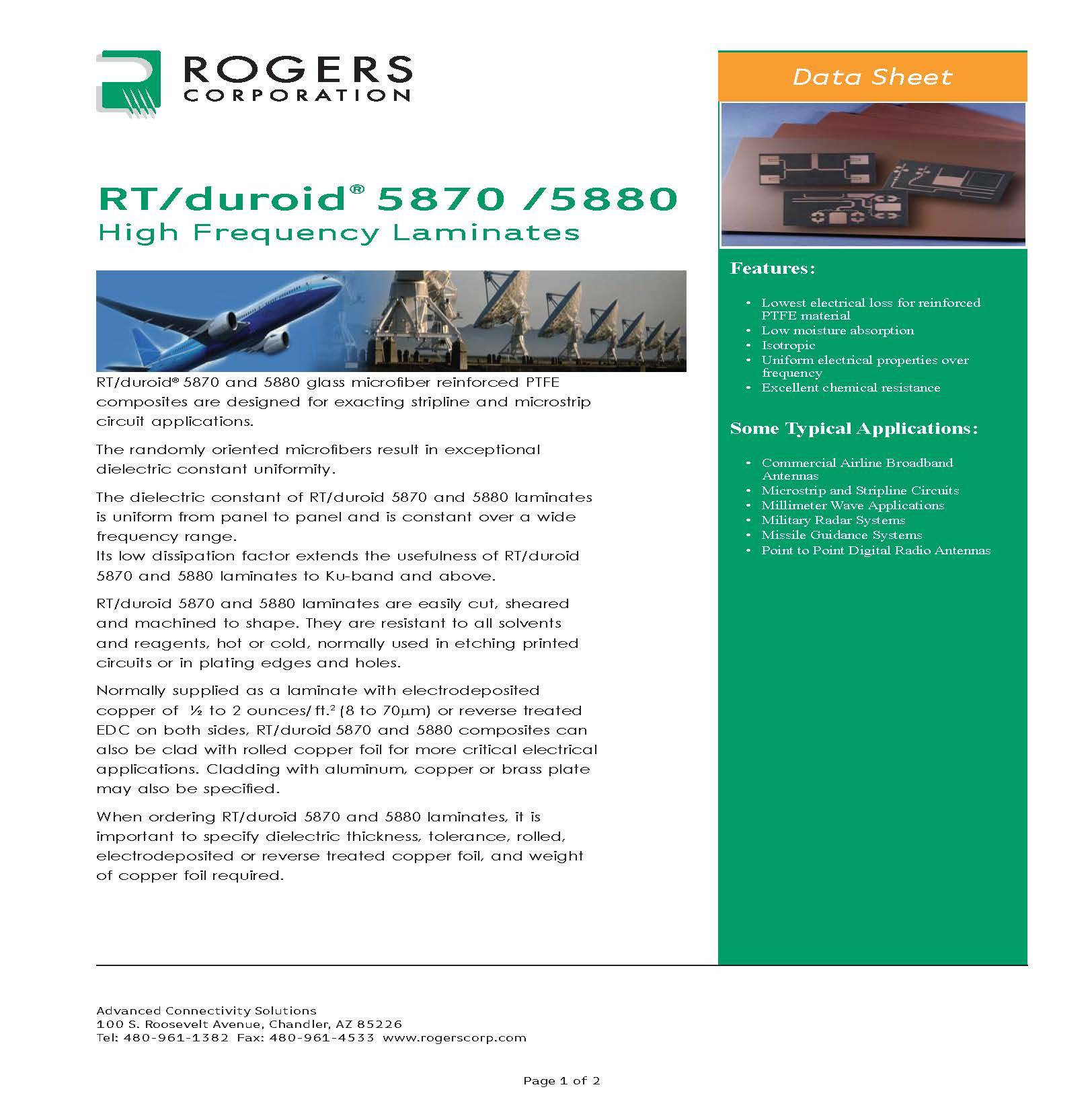 ROGERS RT/DUROID 5870 HIGH FREQUENCY DOUBLE SIDED LAMINATE WITH PTFE ...
