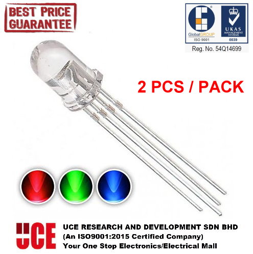 5MM RGB LED (4 PINS) COMMON CATHODE SUPER BRIGHT WATER CLEAR 2PCS / PACK