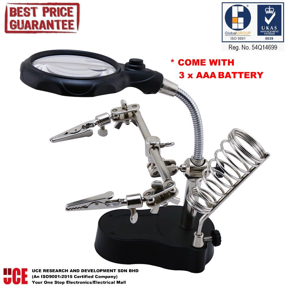 ADJUSTABLE LED MAGNIFYING GLASS MAGNIFIER HELPING HAND WITH SOLDERING ...